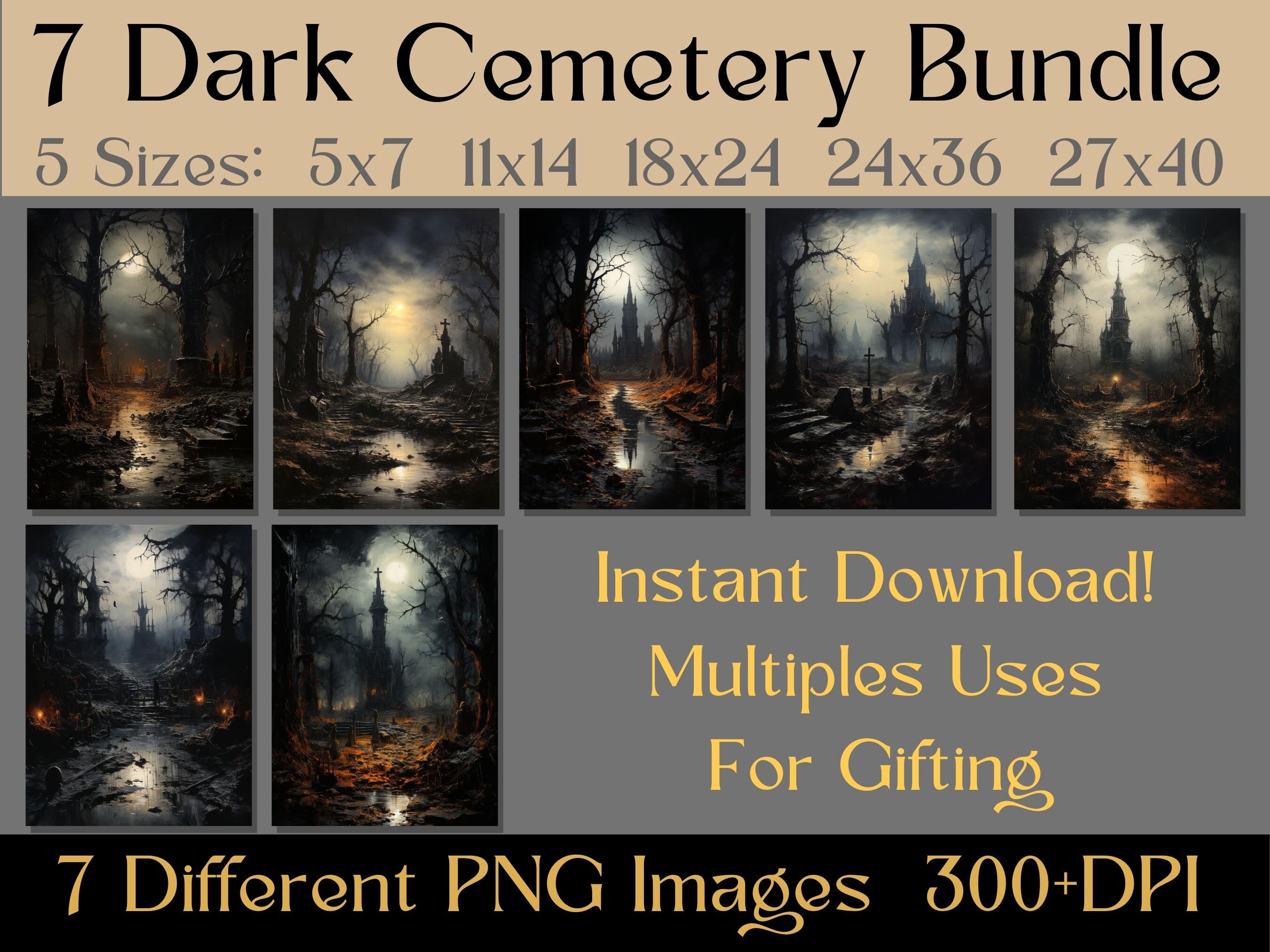 7 Dark Vintage Gothic Cemetery Wall Art Bundle, Fall Halloween Wall Art ...
