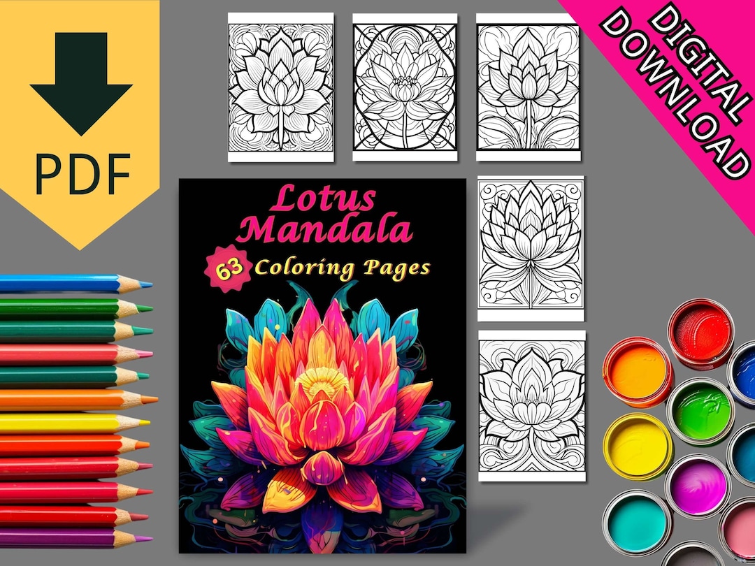 63 Lotus Flowers Mandala Coloring Book Pages Fall Adult Gift Idea ...