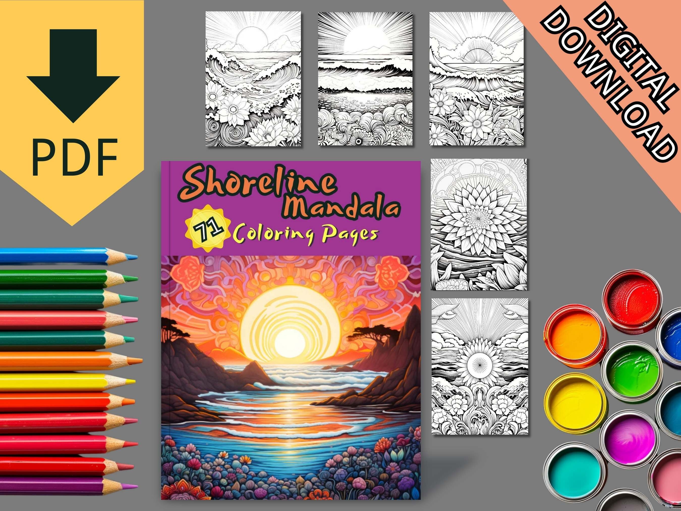 71 Shoreline Mandala Printable Coloring Book Pages Beach Sunset Sun ...