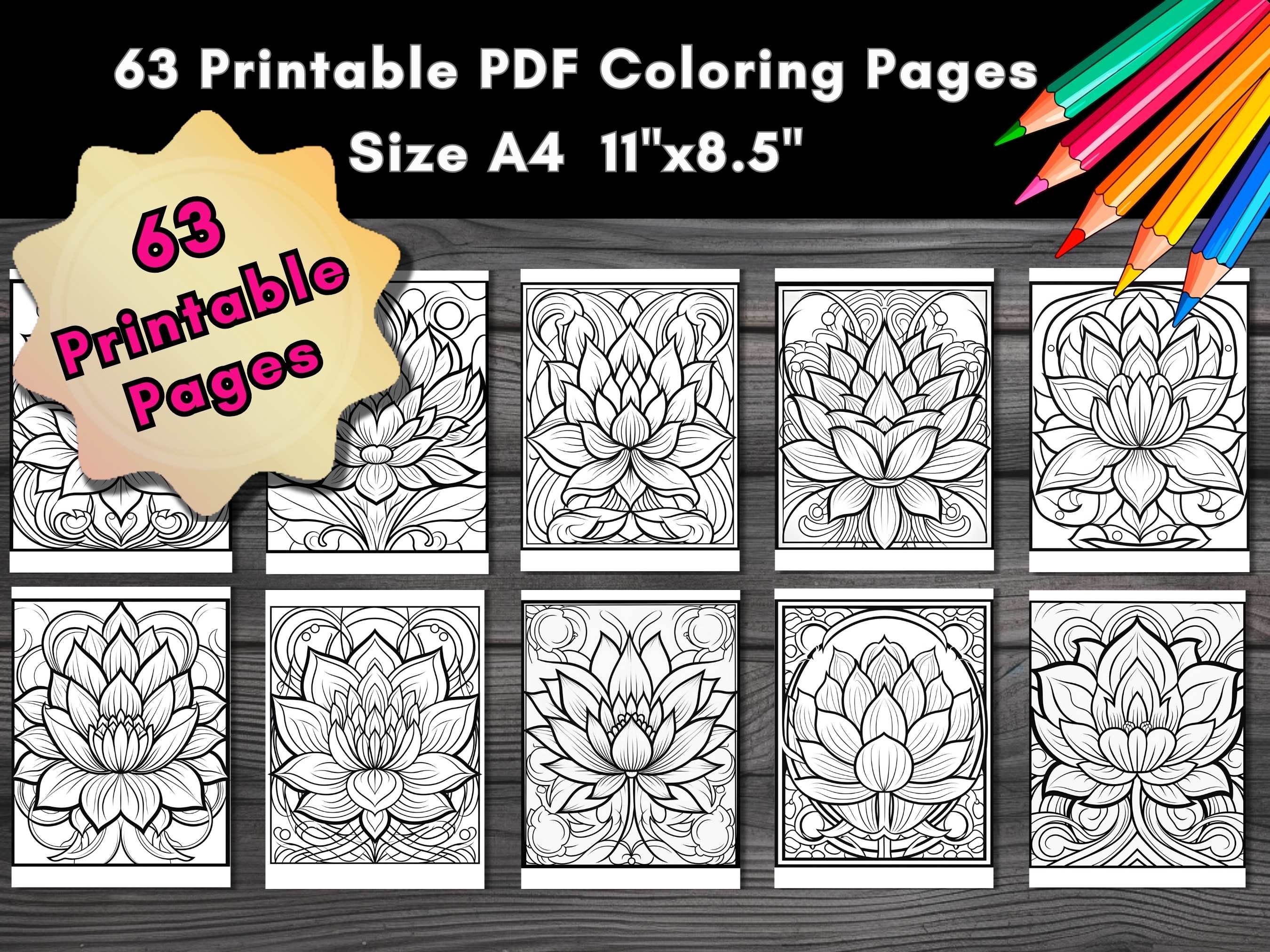 63 Lotus Flowers Mandala Coloring Book Pages Fall Adult Gift Idea ...