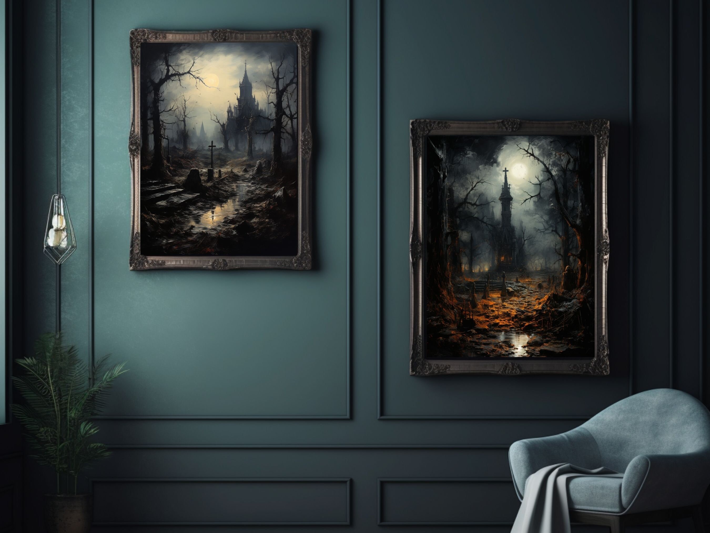7 Dark Vintage Gothic Cemetery Wall Art Bundle, Fall Halloween Wall Art ...