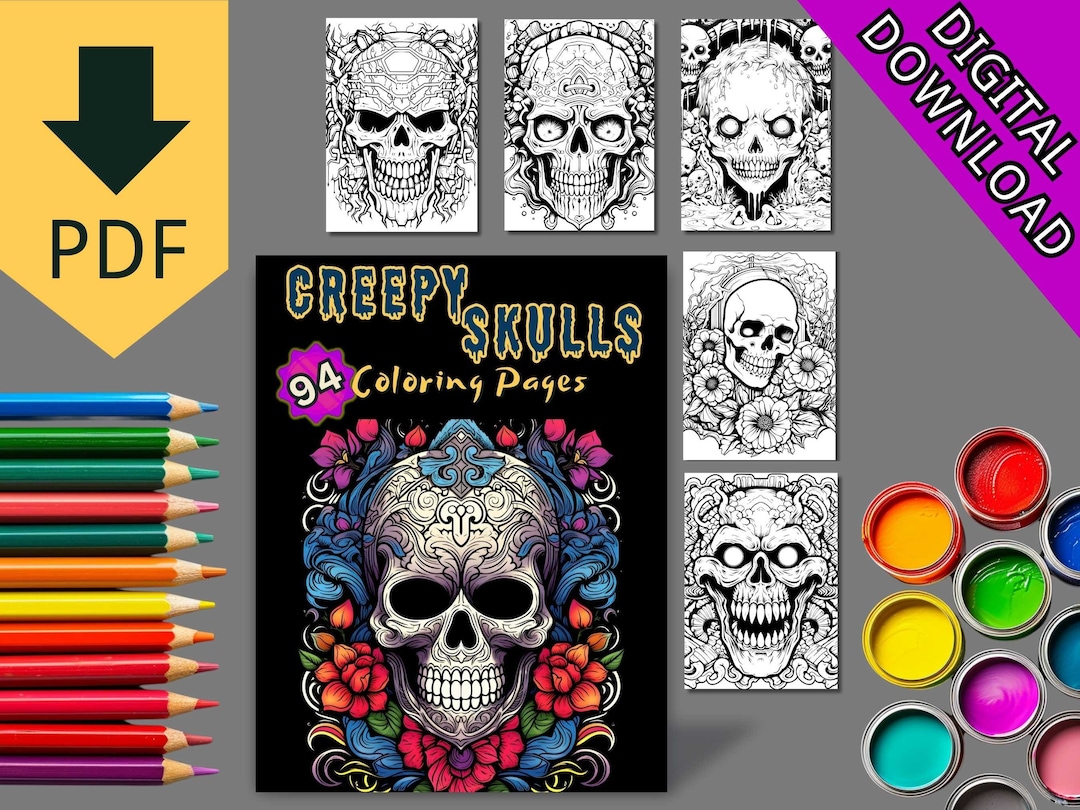 94 Creepy Skulls Printable Coloring Book Pages Adult Gift Idea Mothers ...