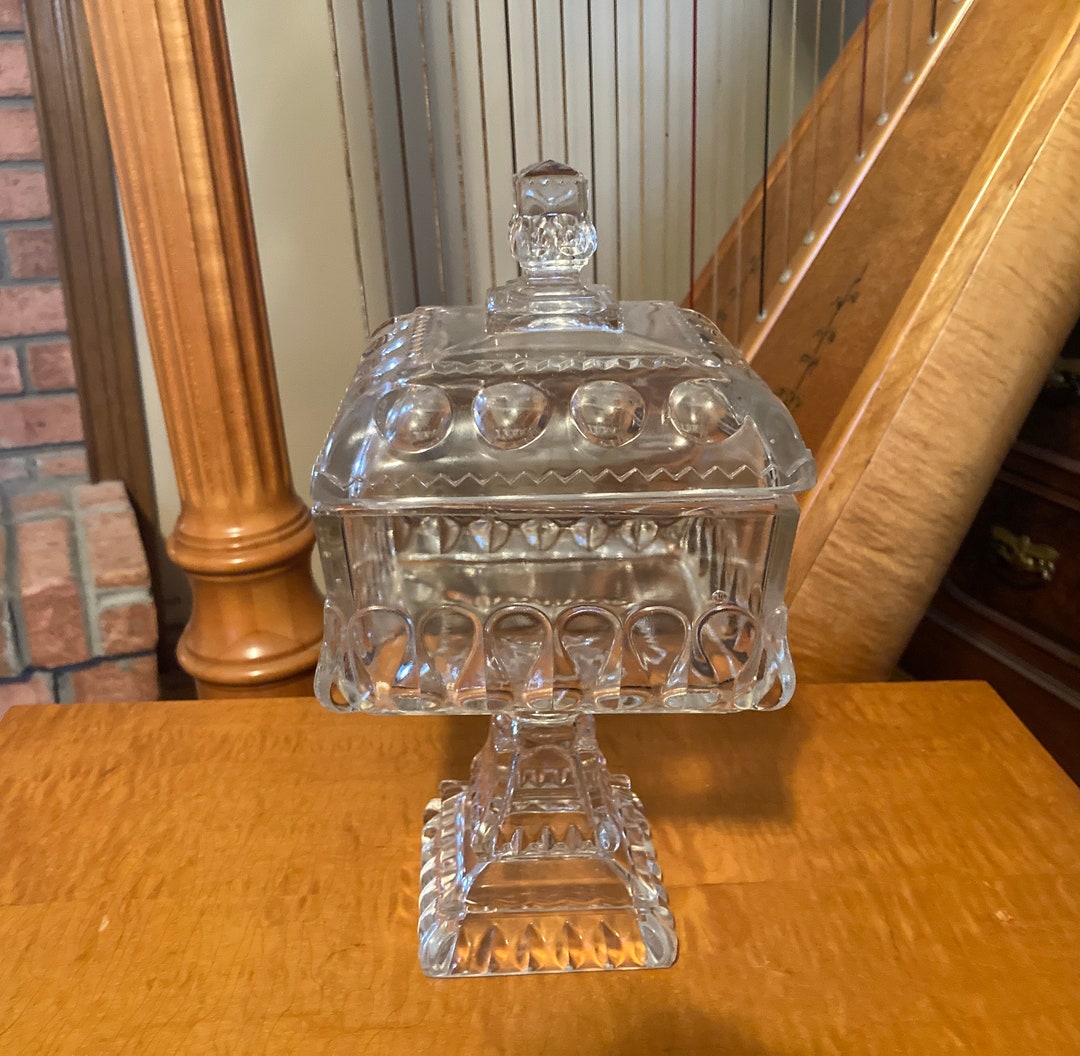 Vintage Lidded Square Glass Pedestal Dish - Etsy