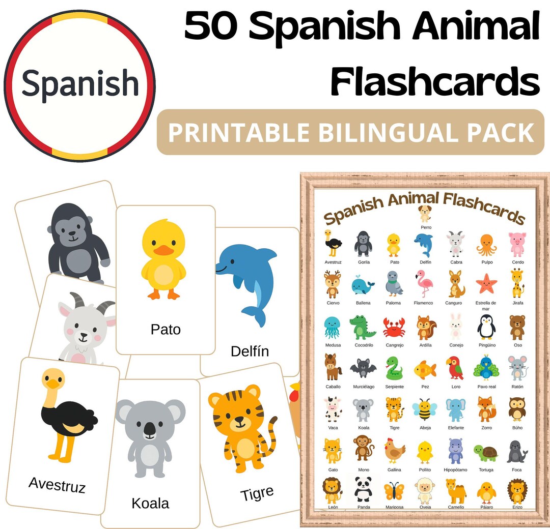50 Spanish Animal Flashcards for Kids + Pdfs, Poster, Montessori Game ...