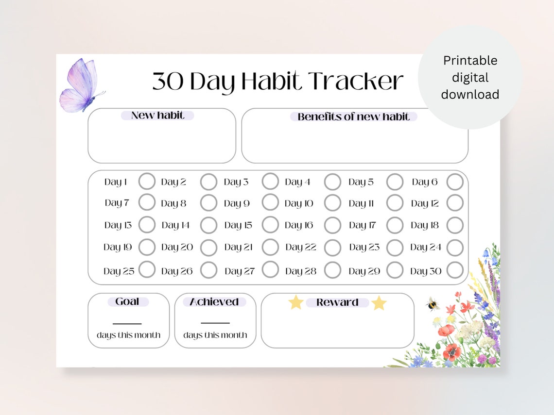 30 Day Habit Tracker Printable, Floral Daily Habit Tracker PDF ...