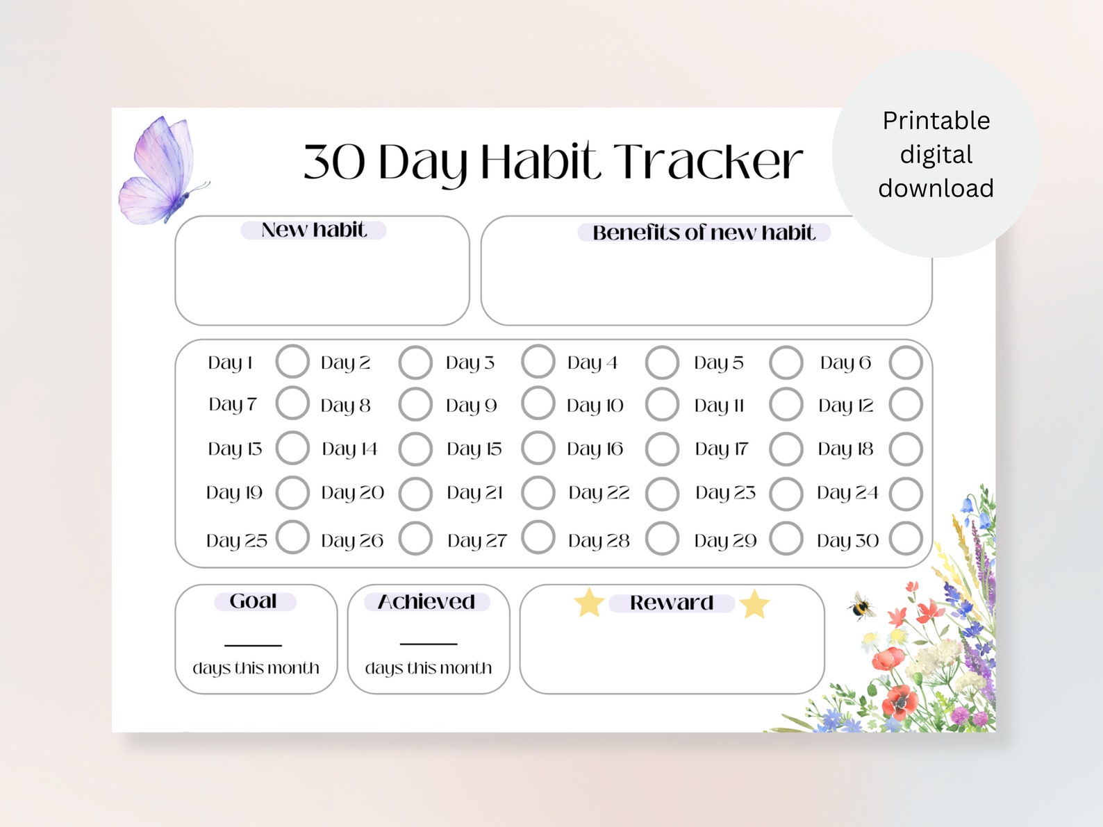 30 Day Habit Tracker Printable, Floral Daily Habit Tracker PDF ...