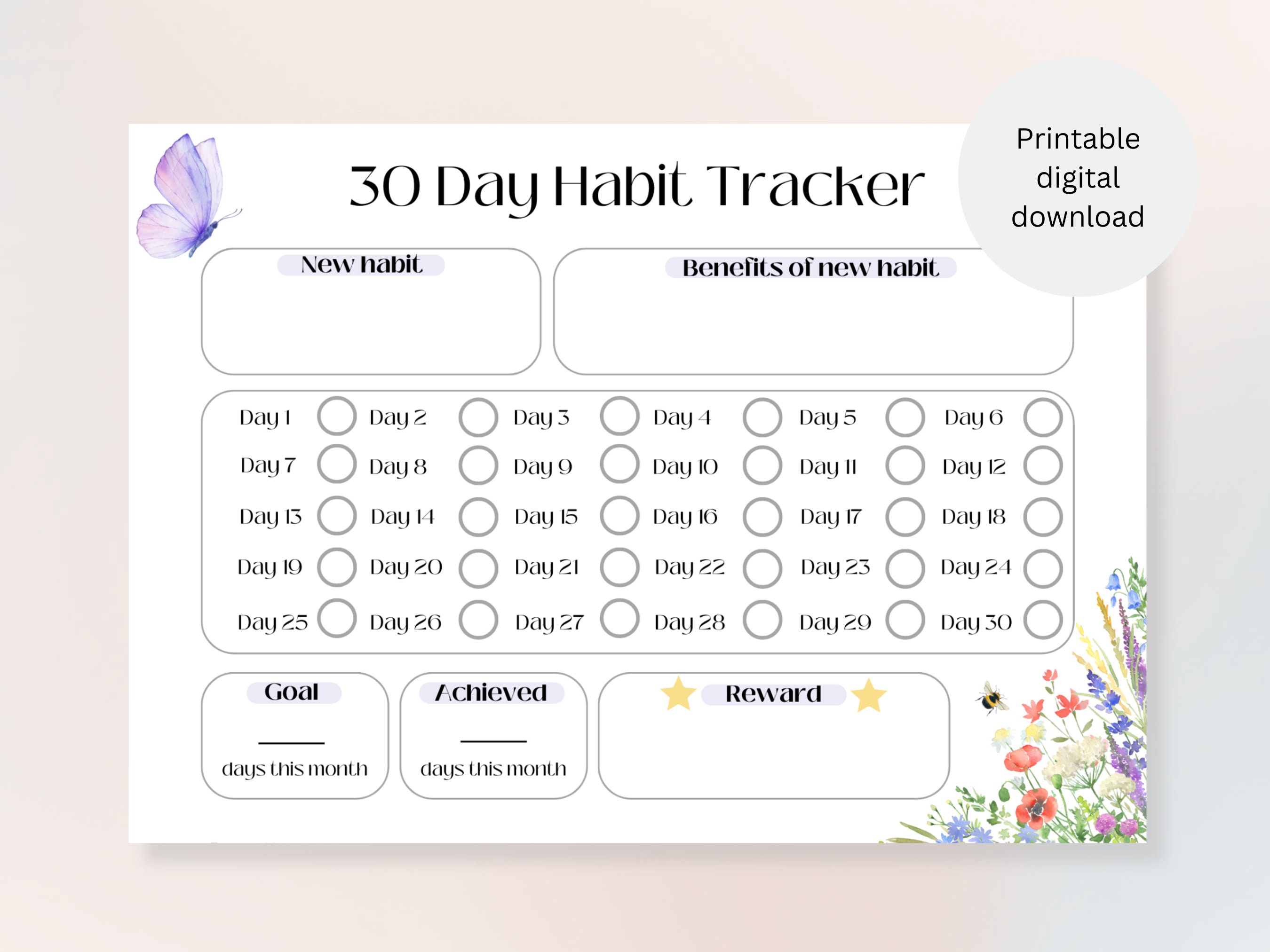 30 Day Habit Tracker Printable, Floral Daily Habit Tracker PDF ...