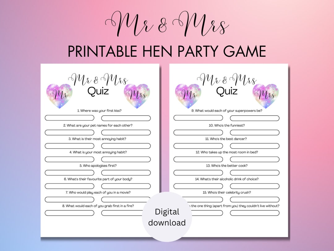 Mr & Mrs Quiz, Digital Hen Party Game, Mr and Mrs Game Printable ...