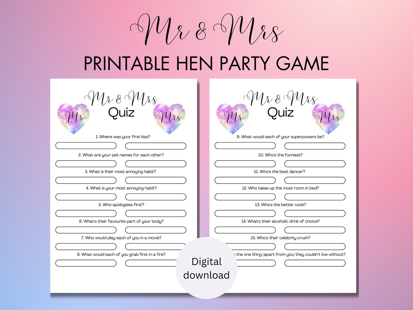 Mr & Mrs Quiz, Digital Hen Party Game, Mr and Mrs Game Printable ...