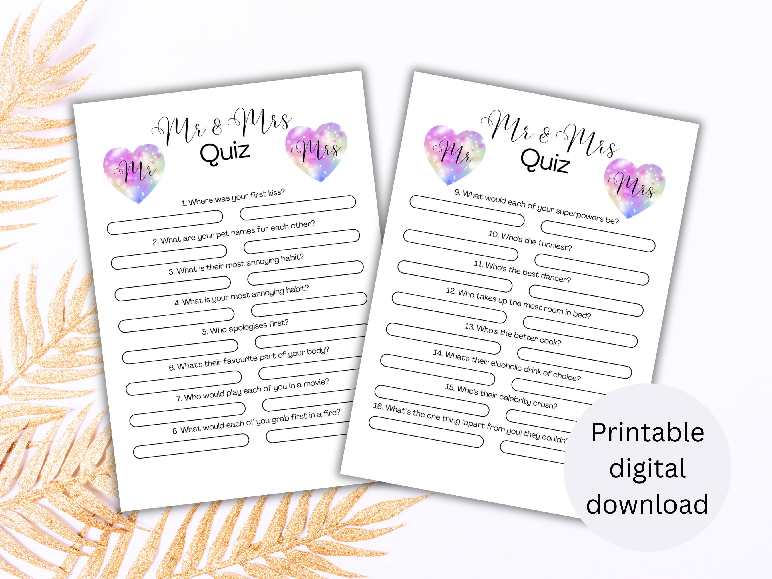 Mr & Mrs Quiz, Digital Hen Party Game, Mr and Mrs Game Printable ...