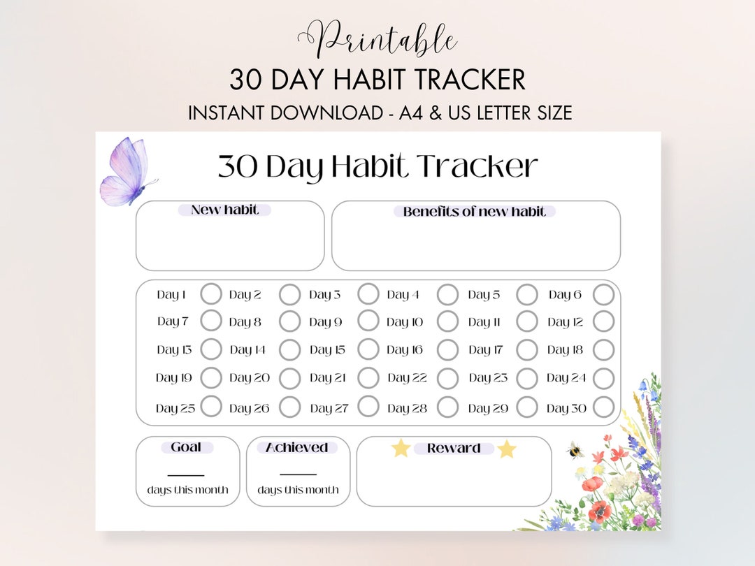 30 Day Habit Tracker Printable, Floral Daily Habit Tracker PDF ...