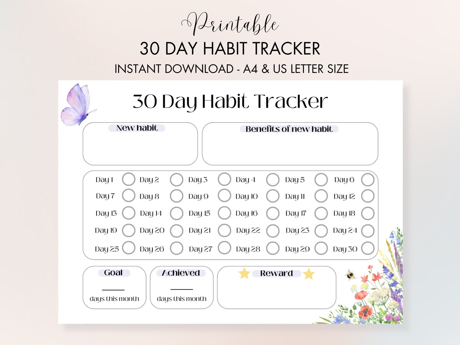 30 Day Habit Tracker Printable, Floral Daily Habit Tracker PDF ...