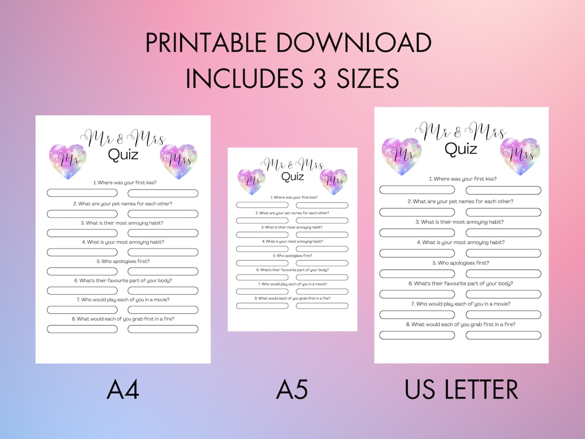 Mr & Mrs Quiz, Digital Hen Party Game, Mr and Mrs Game Printable ...