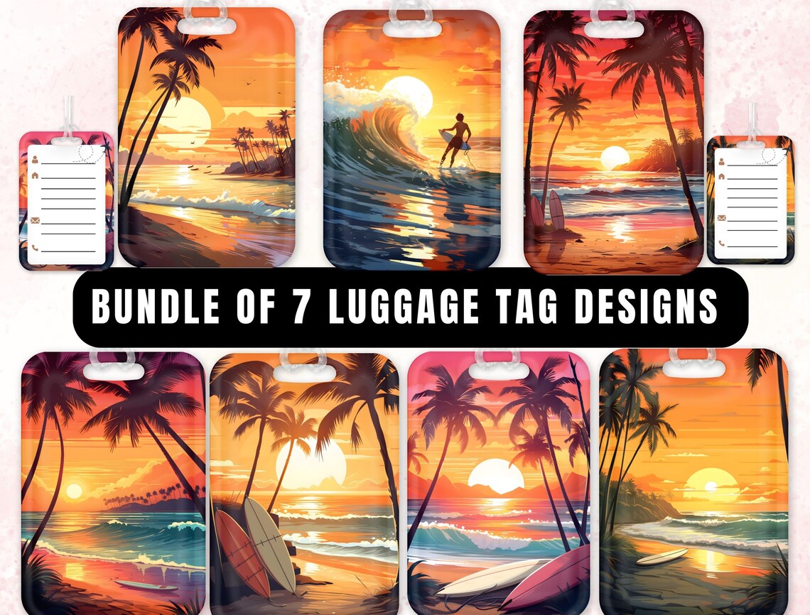 Summer Beach Luggage Tag Clipart Bag Tag Sublimation Design Bundle of 7 ...