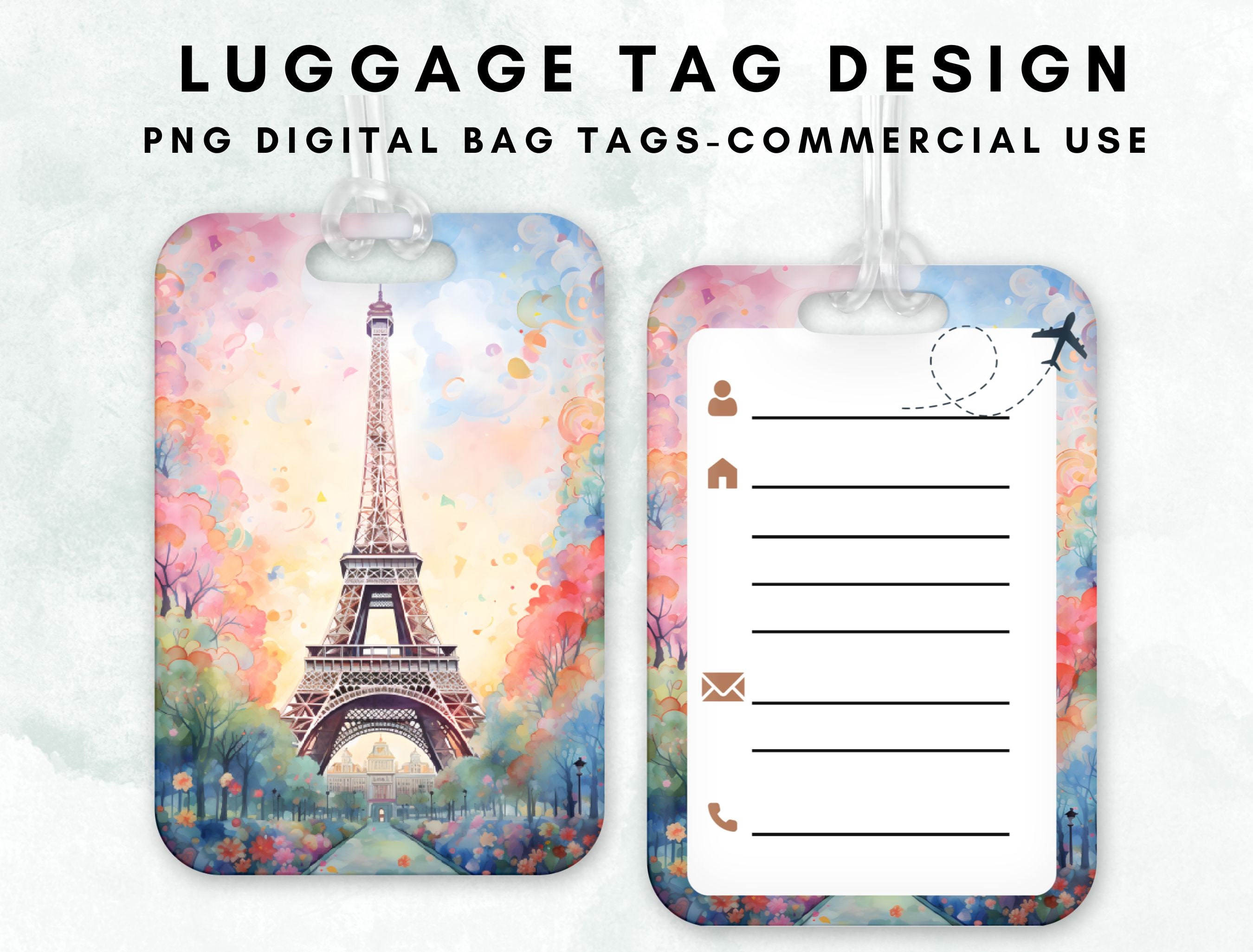 Watercolor Pastel Eiffel Tower Luggage Tag Clipart Bag Tag Sublimation ...