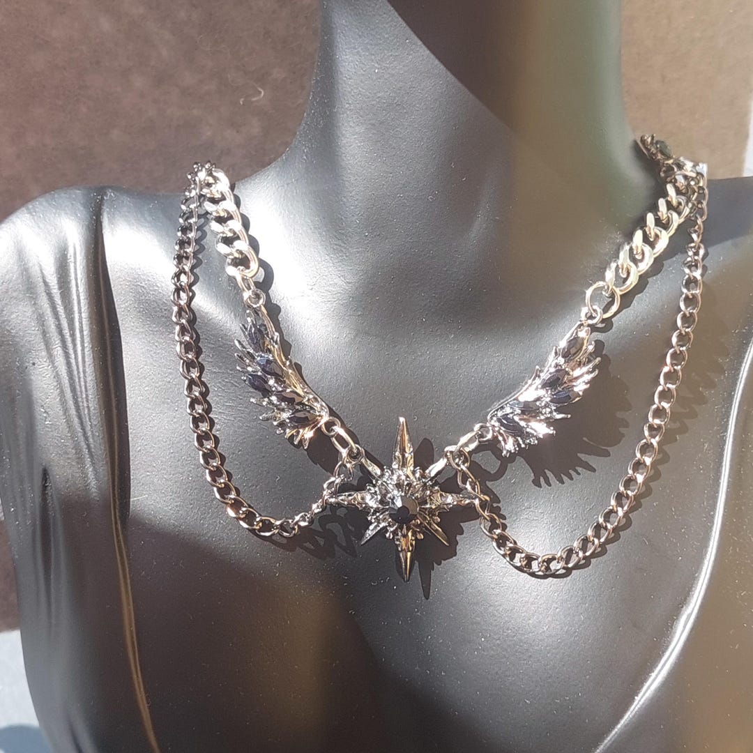 Elegant Gothic Silver Chain Necklace With Black Rhinestones, Stars, and ...