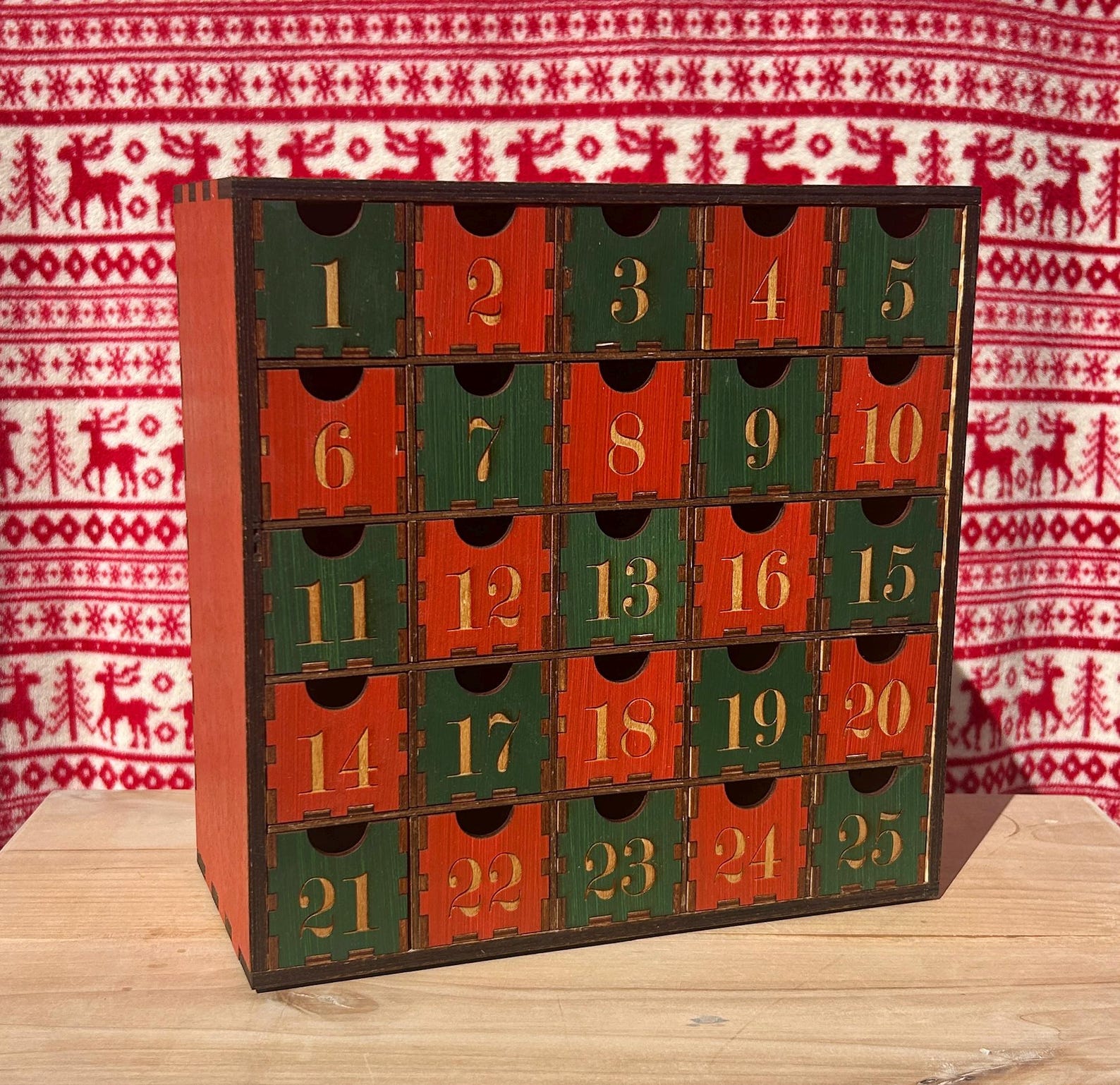 Christmas Countdown Calendar With Deep Drawers and Backside Graphic >