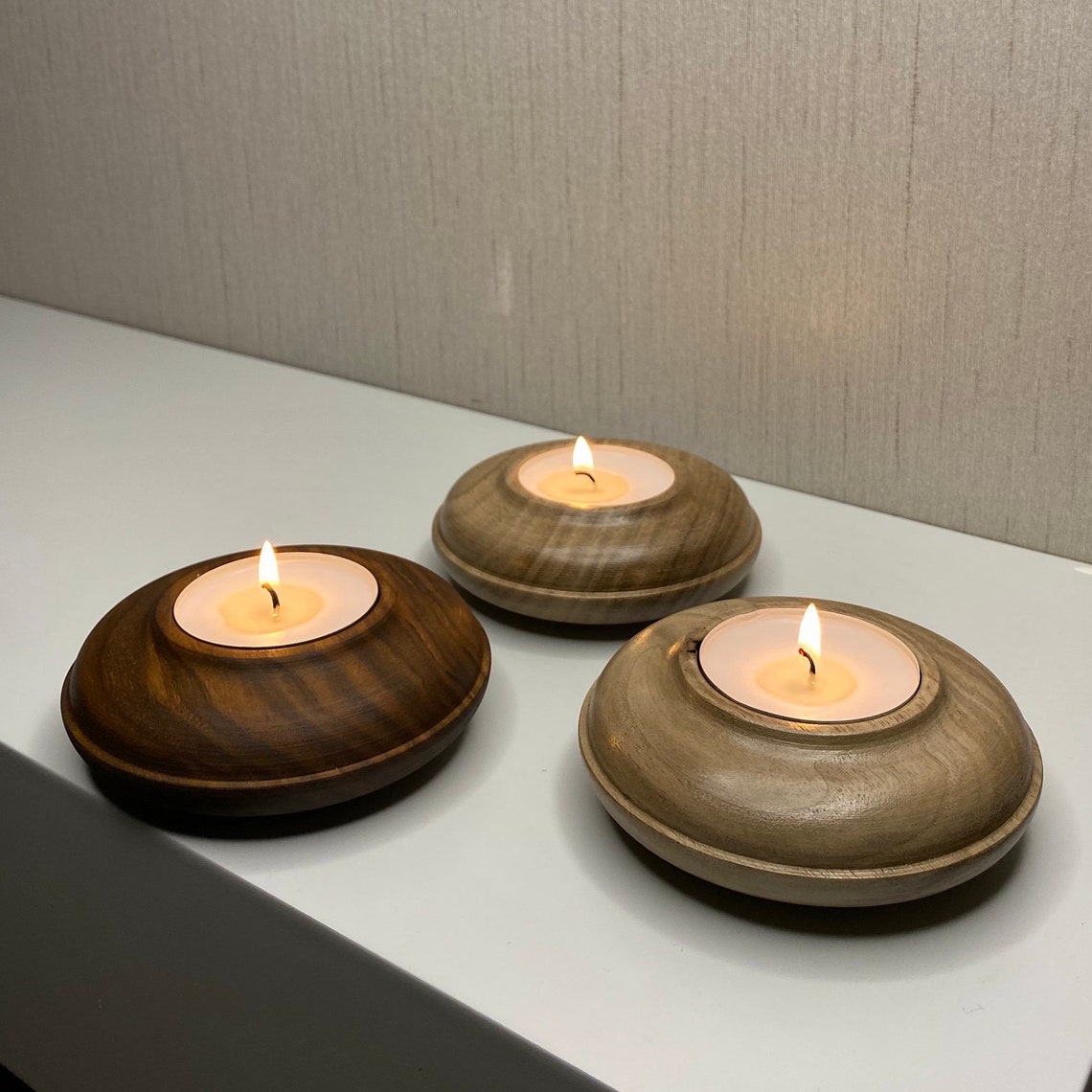 Tea Light Holder Walnut Wooden Tealight Candle Holders Set of 3 Big Tea ...