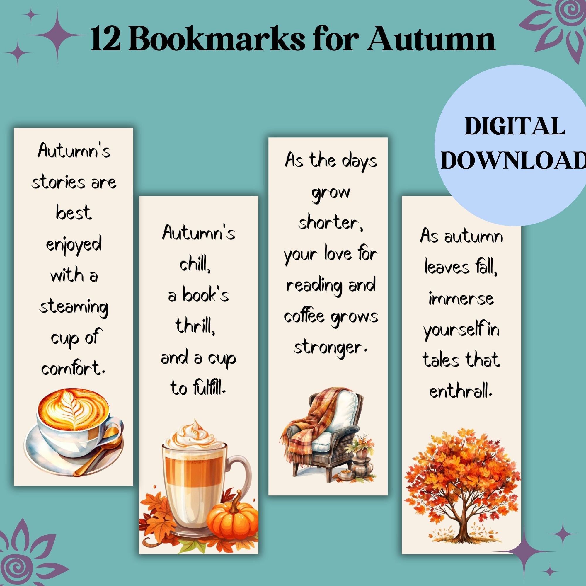 Set of 12 Printable Autumn Bookmarks for Book Lover Gift - Etsy