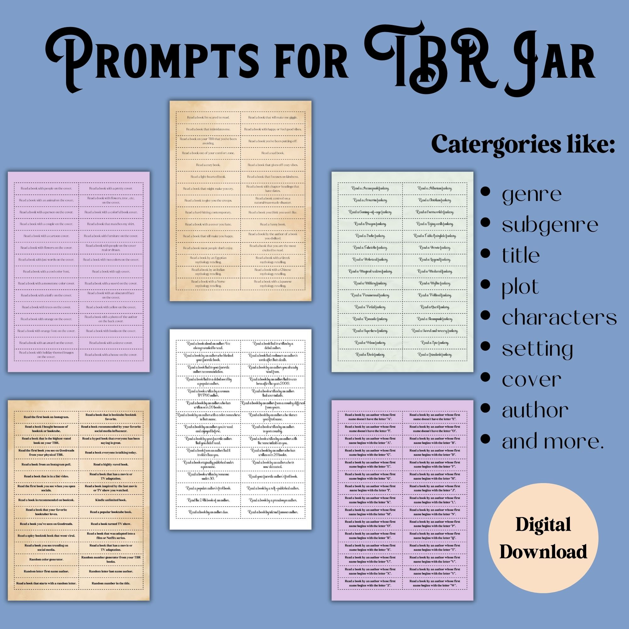 TBR Jar Printable Reading Prompts for Booklover Challenge What to Read ...