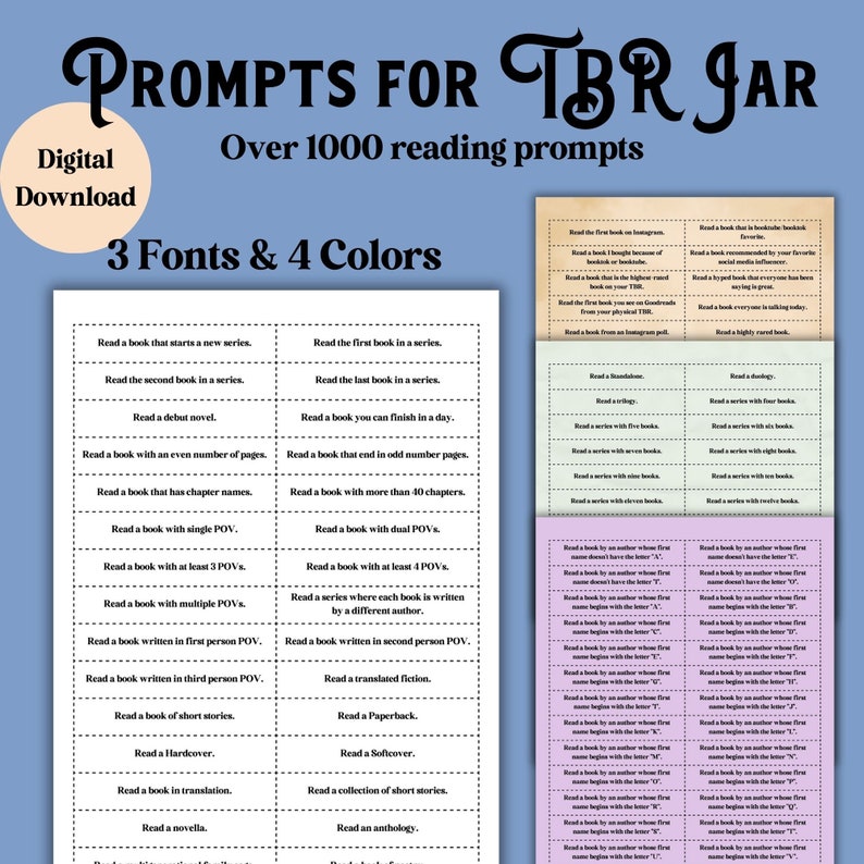 TBR Jar Printable Reading Prompts for Booklover Challenge What to Read ...