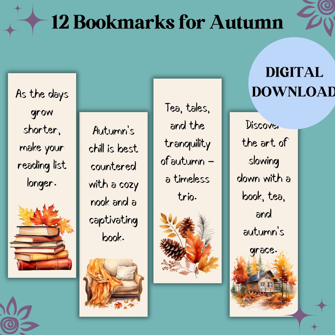 Set of 12 Printable Autumn Bookmarks for Book Lover Gift - Etsy