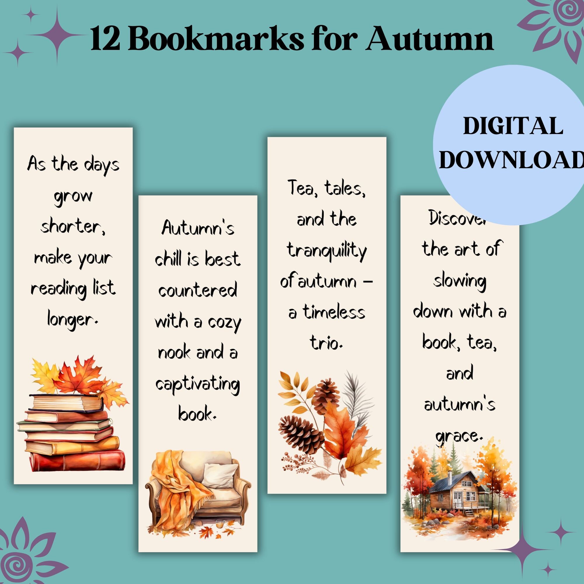 Set of 12 Printable Autumn Bookmarks for Book Lover Gift - Etsy