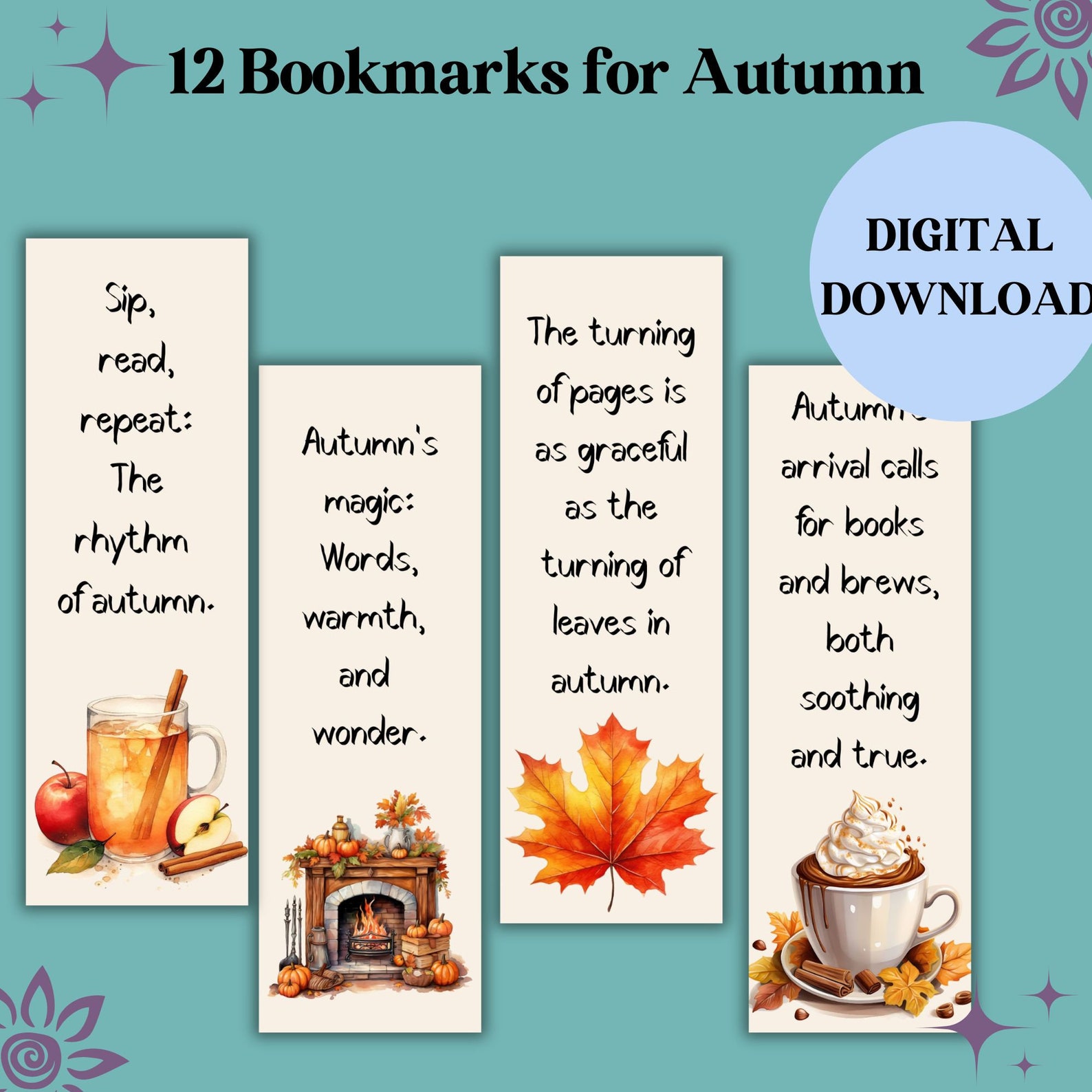 Set of 12 Printable Autumn Bookmarks for Book Lover Gift - Etsy