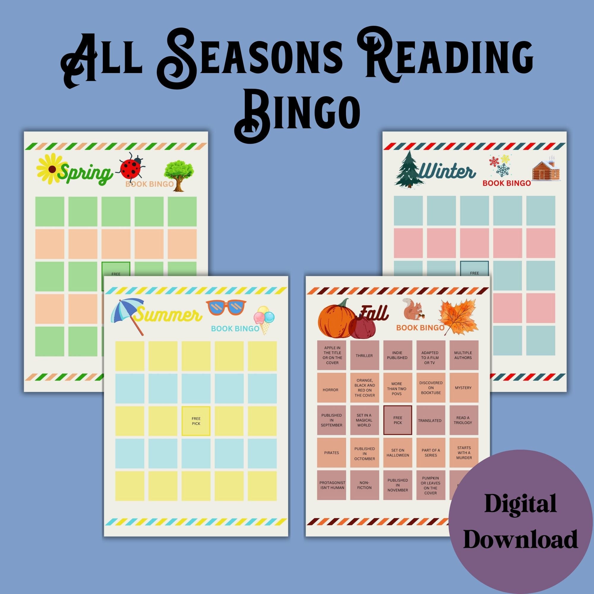 All Seasons Book Bingo Challenge for Bookworm Gift Book Bingo Printable ...
