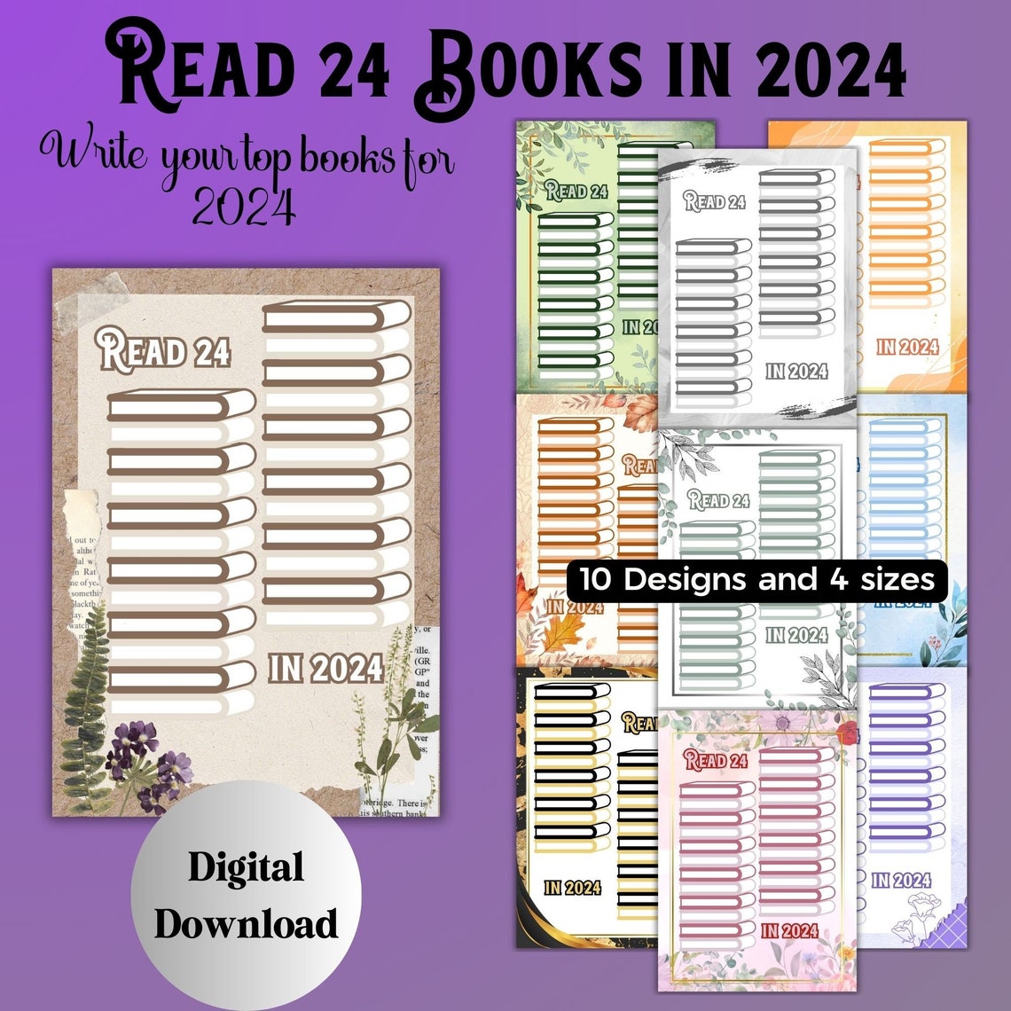 Read 24 Books in 2024 Challenge, 2024 Reading Tracker Colorful Designs ...