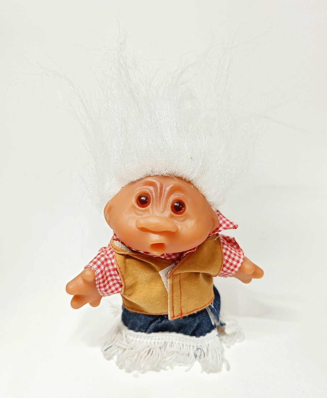 Dam Troll 1986 White Hair Round Mouth Vest Plaid Shirt Jeans Skirt ...