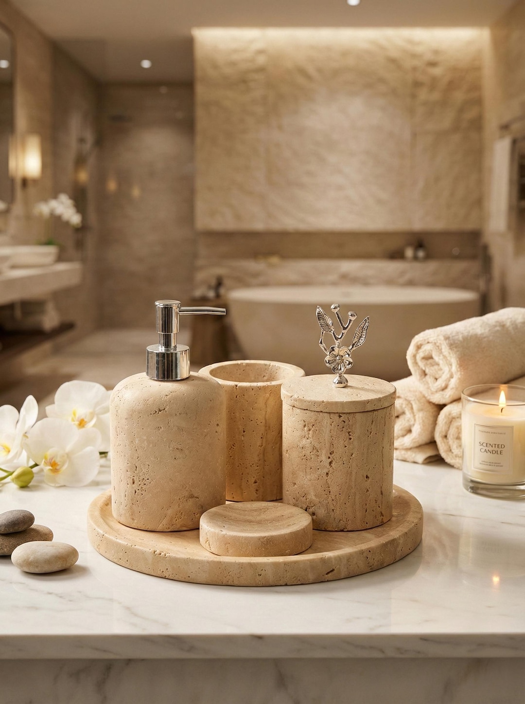 Handmade Travertine Bathroom Set | Tree Flowers Silver Accessory | 5 ...