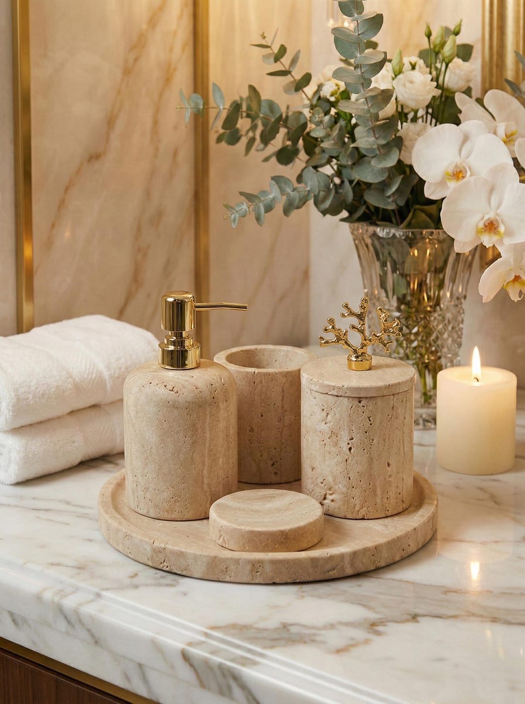 Handmade Travertine Bathroom Set | Tree Gold Accessory | 5 Piece - Etsy