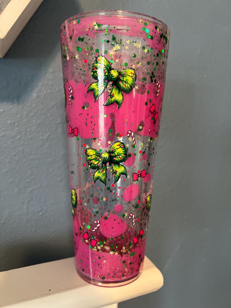 24oz Hot Pink Grinch Green Bows Christmas Lava Drip Tumbler - Etsy
