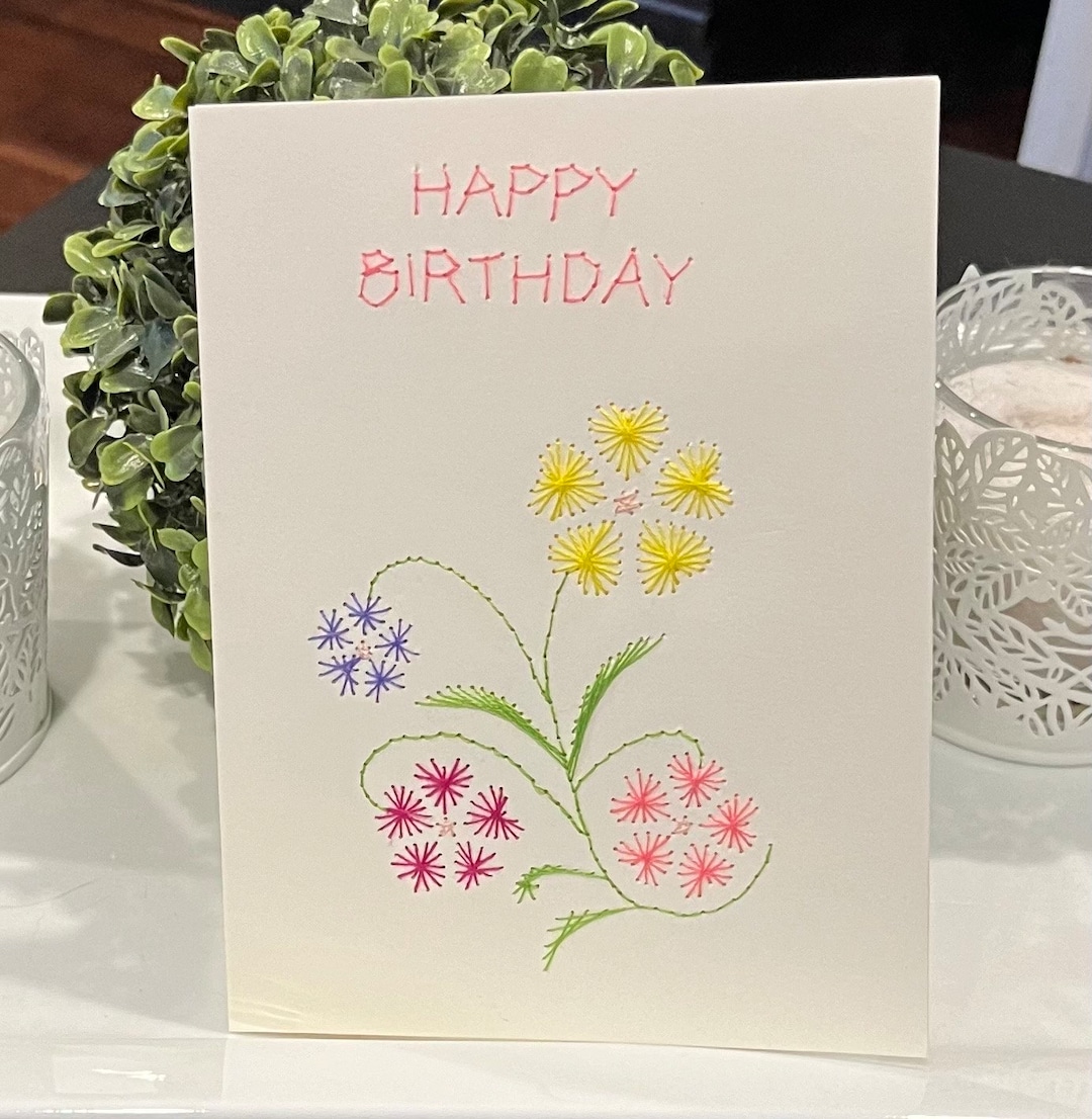 Hand Embroidered Birthday Card - Etsy