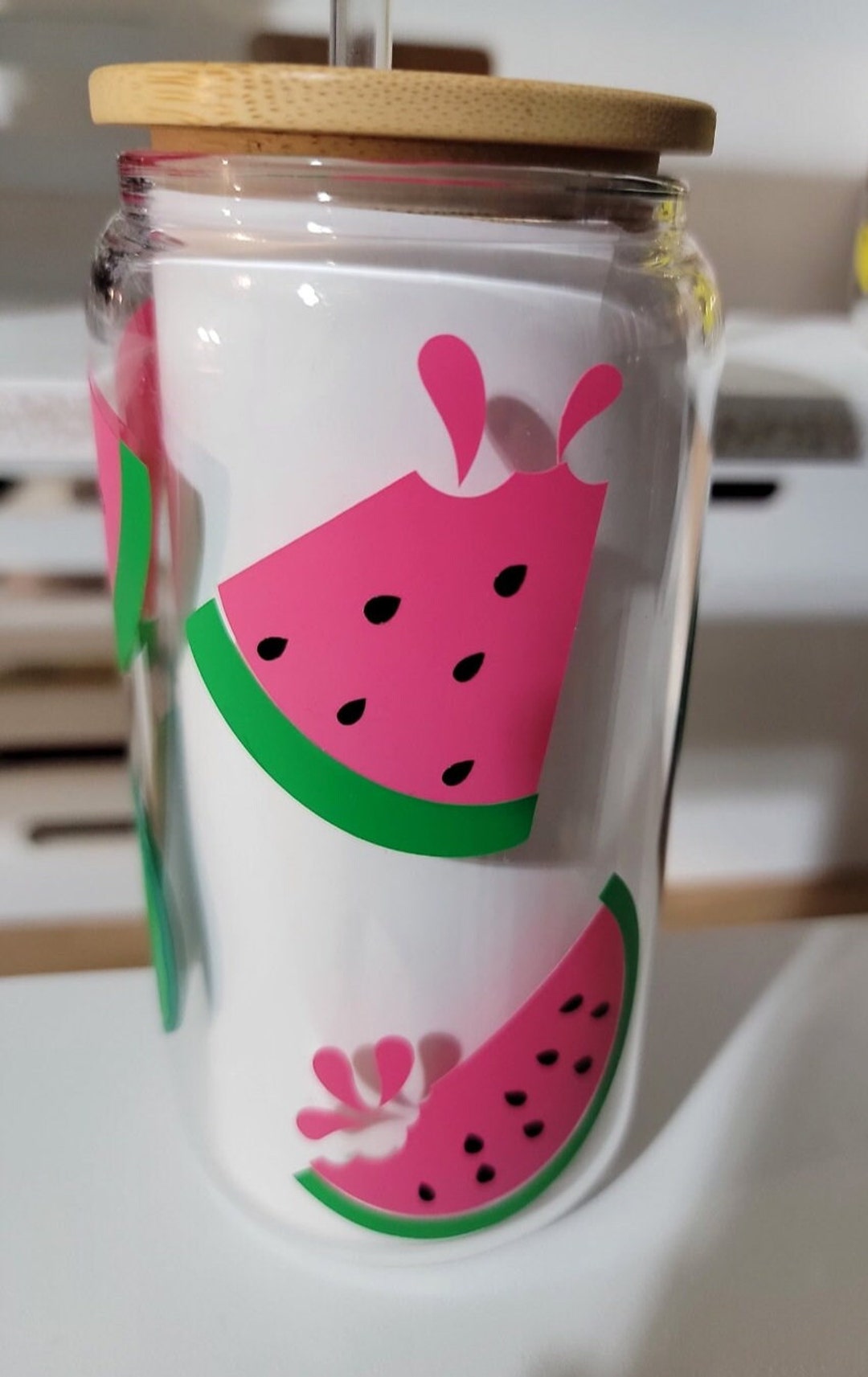 Watermelon Can Glass With Bamboo Lid & Straw - Etsy