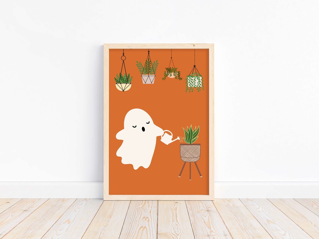 Boho Ghost Scene Art Print, Halloween Plant Lover, Orange Halloween ...