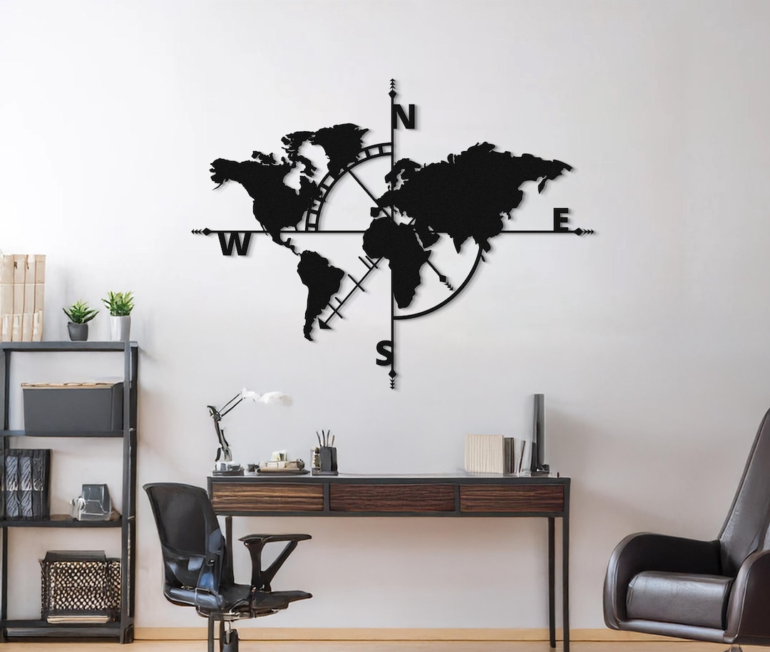 Metal World Map Compass, Metal Wall Decor, Art Work, World Map Wall Art ...