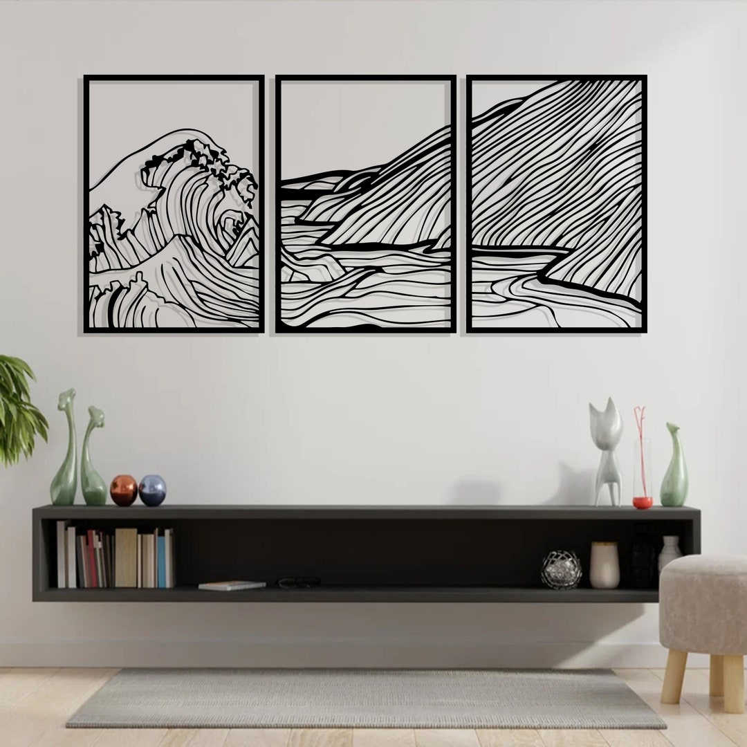 Mountain Metal Wall Art, Modern Wave Wall Art, Above Bed Decor, Large ...