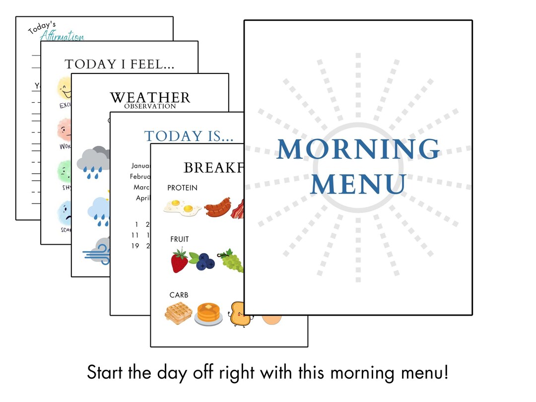 Morning Menu Printable for Kids Breakfast, Feelings, Weather, Date, and ...