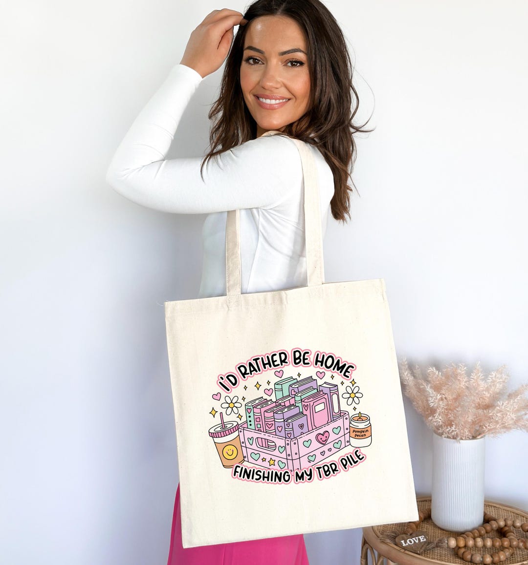 TBR Pile Canvas Tote Bag, Cute Book Lover Tote Bag, I'd Rather Be Home ...