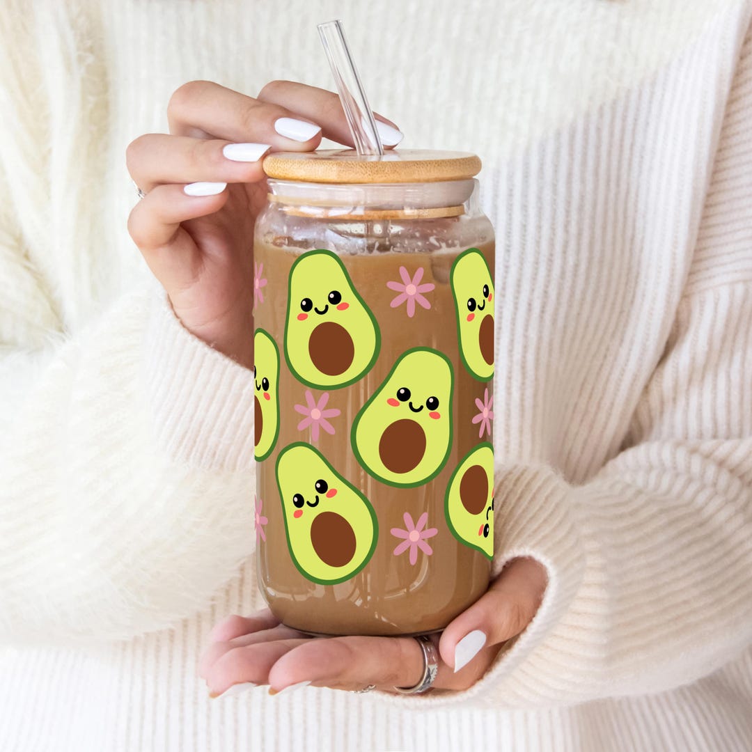 Kawaii Avocado Sipper Glass, Cute Aesthetic 16oz Glass Cup, Funny ...