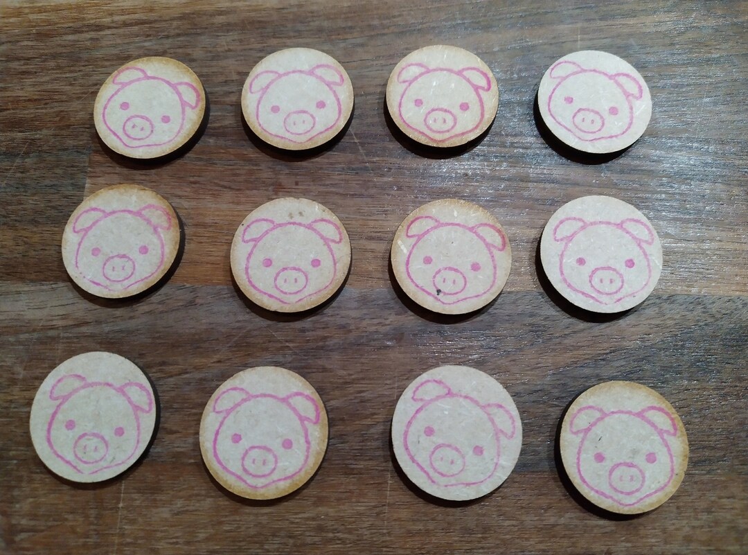 12x 25mm Circular Stamped Wooden PIGS Board Game Pieces/tokens Hand ...