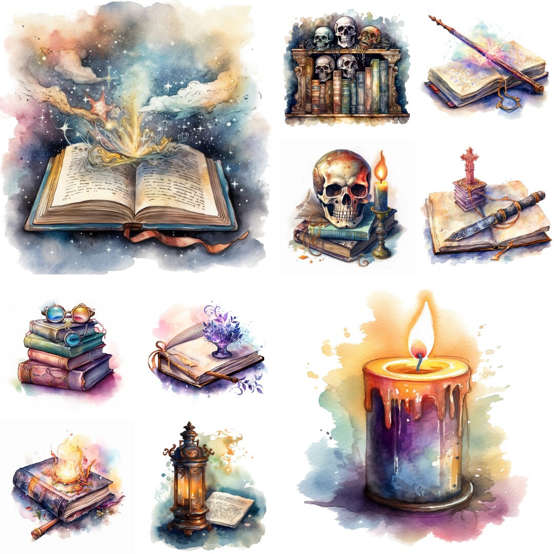 Watercolor Fantasy Books Clipart - 20 Fantasy Wizard Book Stacks and ...