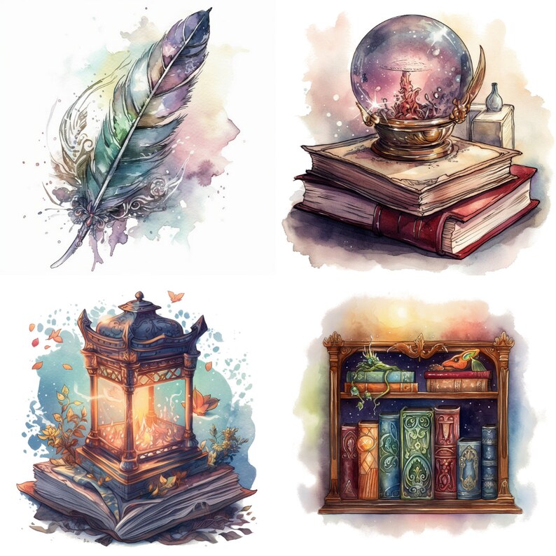 Watercolor Fantasy Books Clipart - 20 Fantasy Wizard Book Stacks and ...