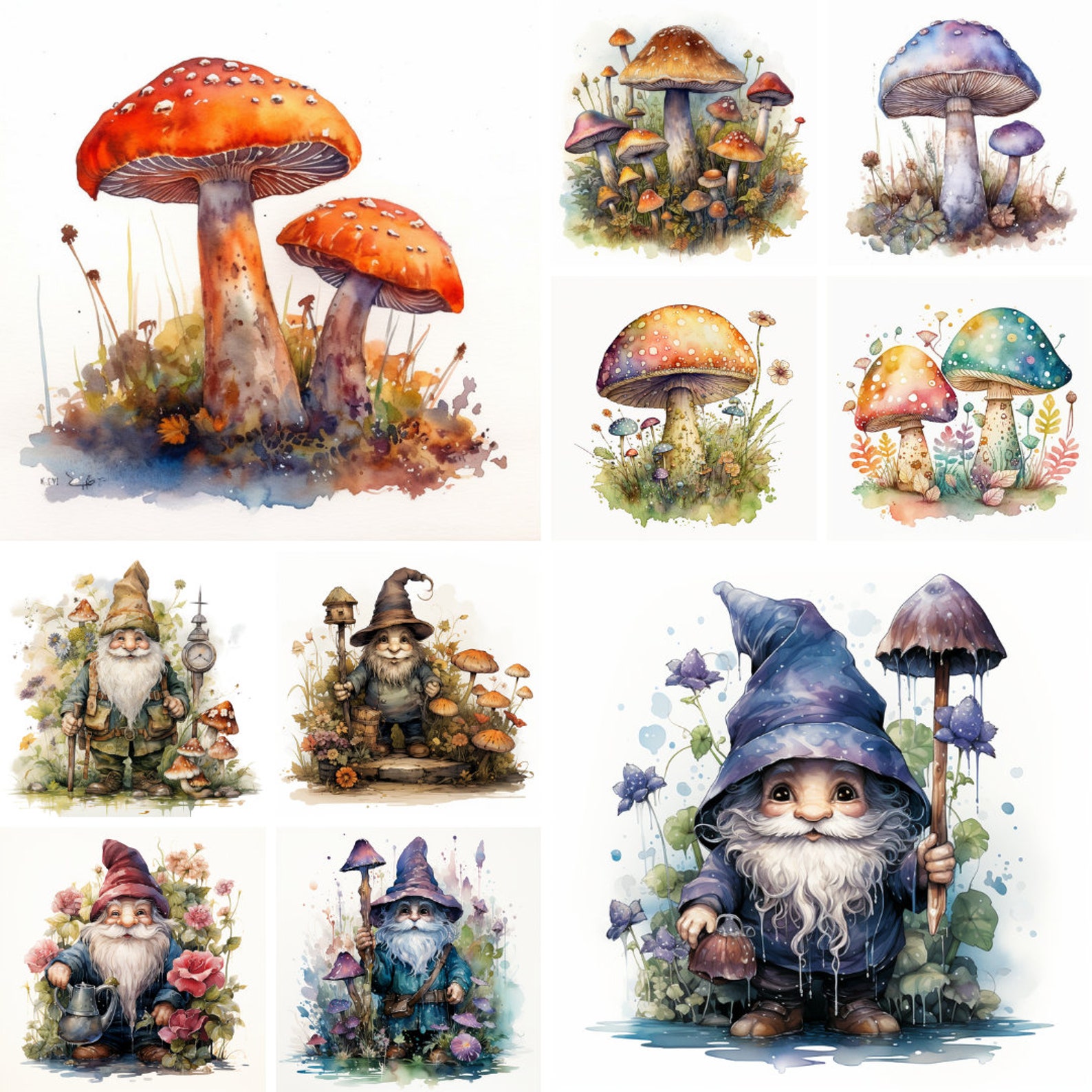 Watercolor Mushrooms and Gnome Clipart Bundle 40 Cute Fantasy Magical ...
