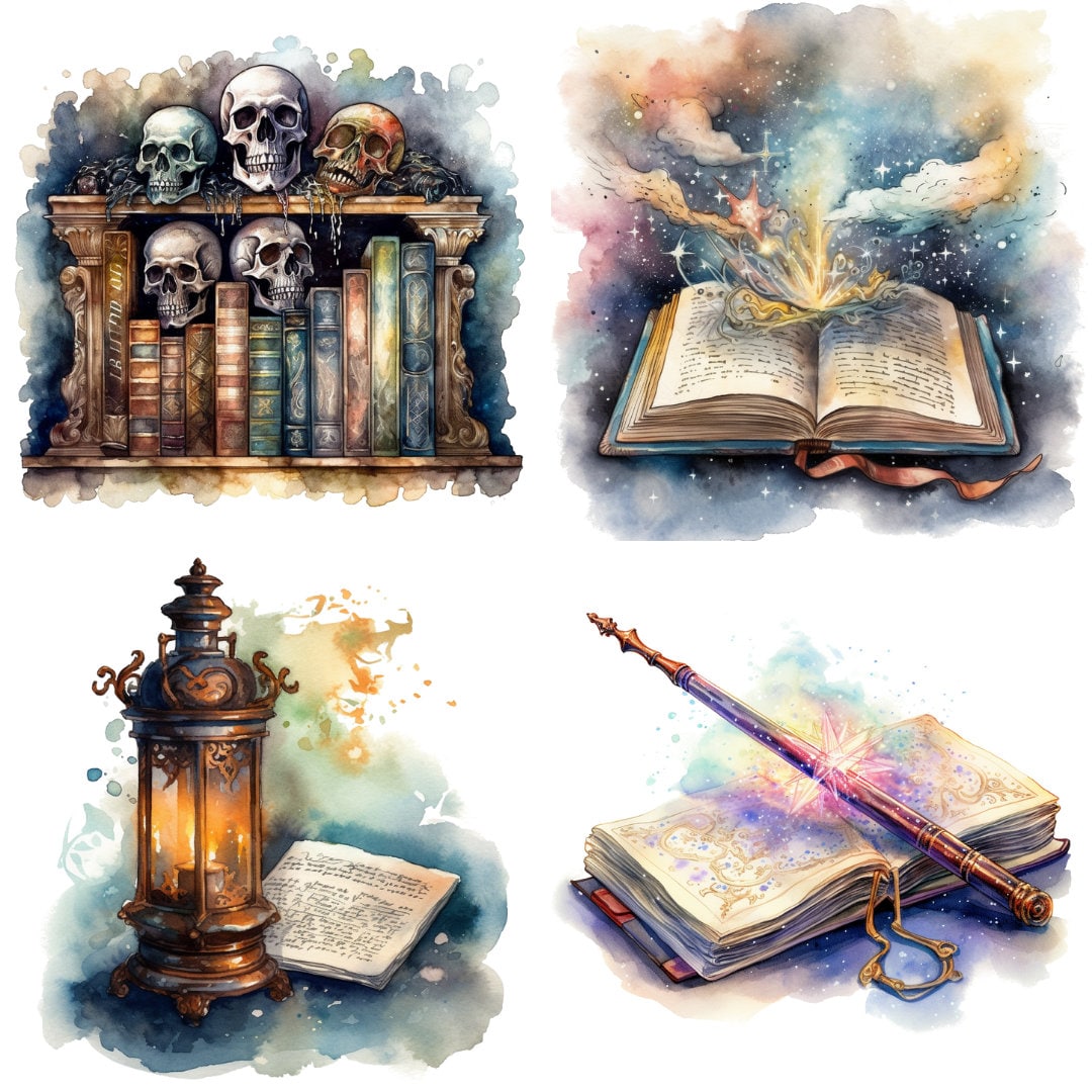 Watercolor Fantasy Books Clipart - 20 Fantasy Wizard Book Stacks and ...