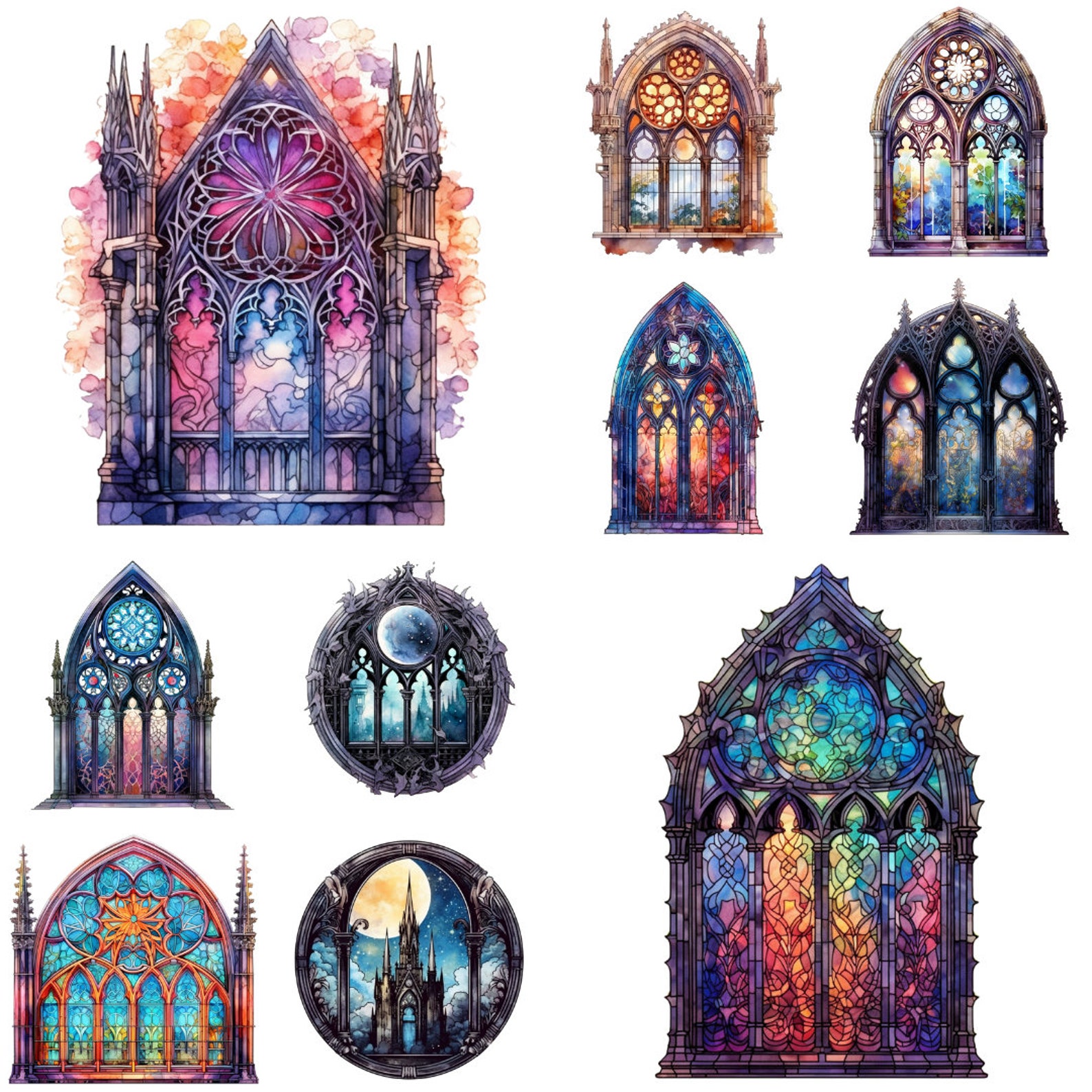 Watercolor Gothic Windows Clipart Dark Vibrant Fantasy Church Stained ...
