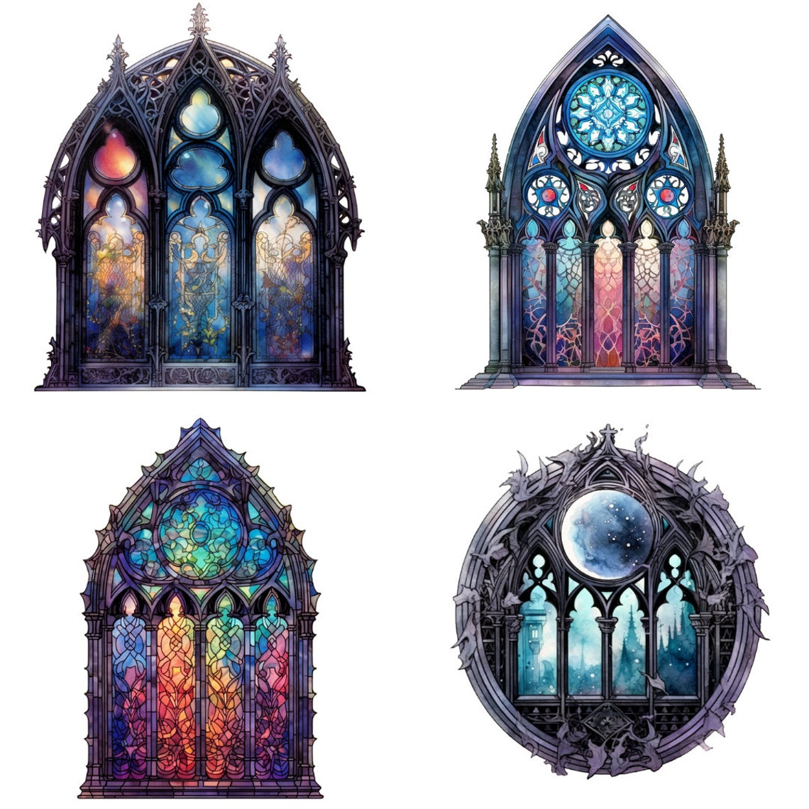Watercolor Gothic Windows Clipart - Dark Vibrant Fantasy Church Stained ...