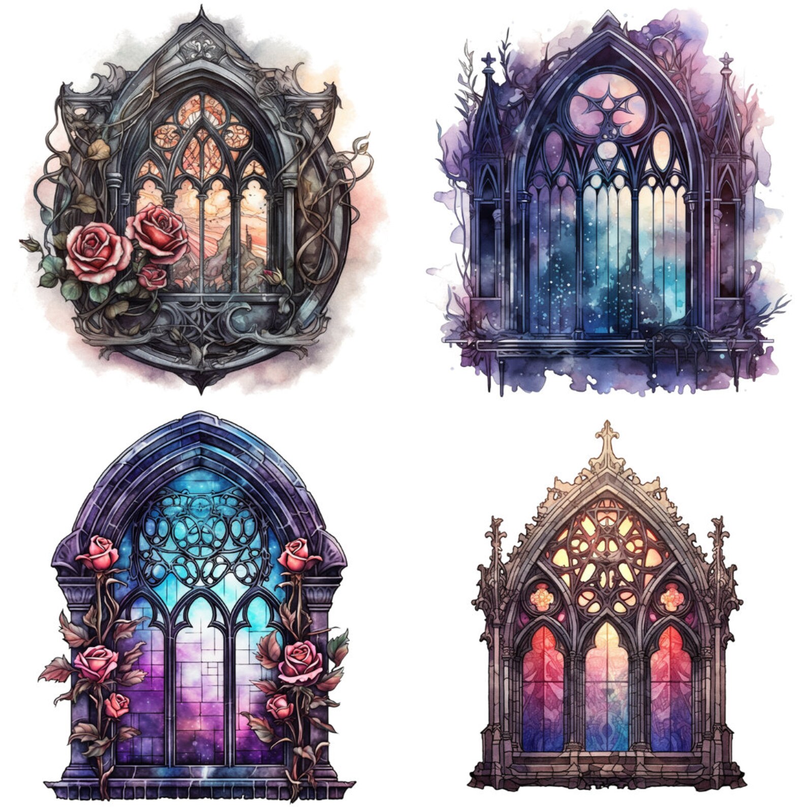 Watercolor Gothic Windows Clipart - Dark Vibrant Fantasy Church Stained ...